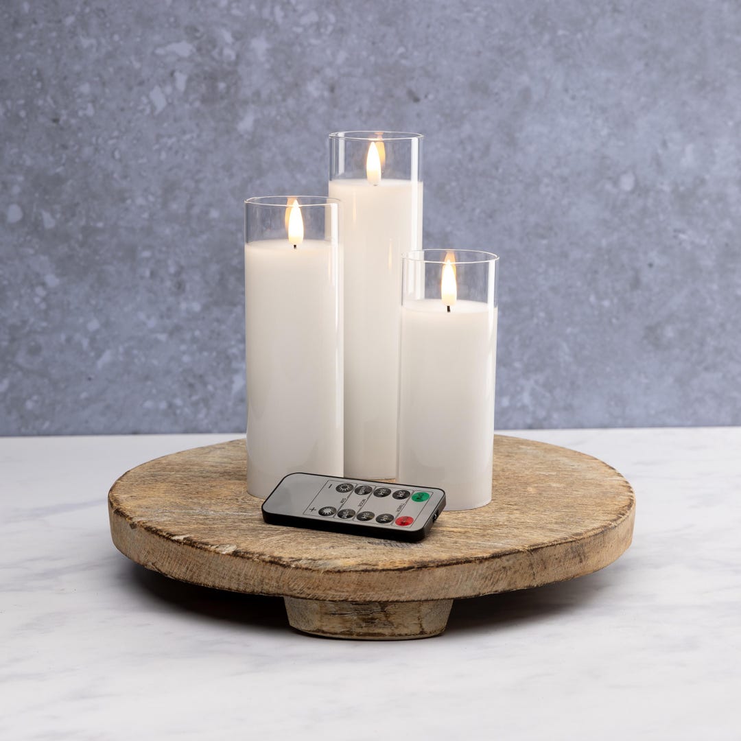 White Pillar Flameless LED Glass Candle Set of 3 – Battery Operated ...