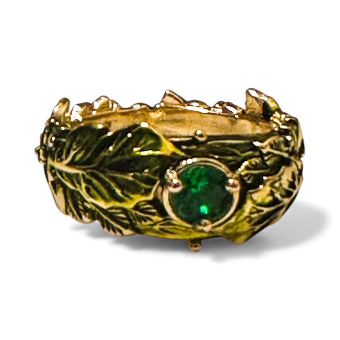 Elven Forest Ring – Brass Leaf Band, Green Enamel Inlay & 6mm Faceted ...