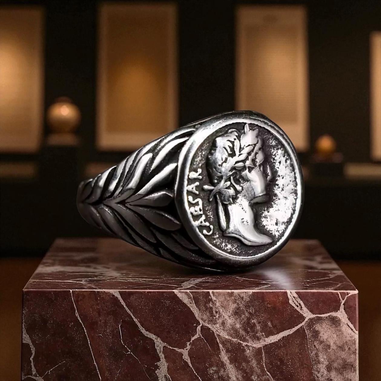 Stainless Steel Roman Caesar Signet Ring: 3D Emperor, Laurel Wreath - Etsy