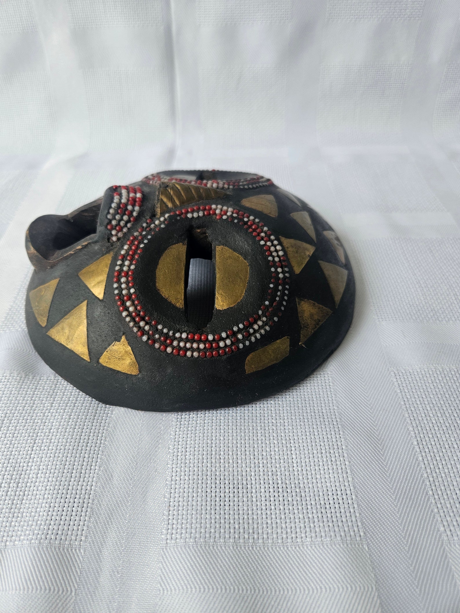 Vintage Wood African Mask Hand Carved Wood Mask Beaded Round Wood ...