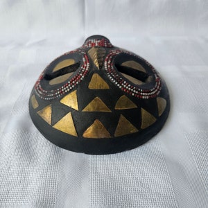 Vintage Wood African Mask Hand Carved Wood Mask Beaded Round Wood ...