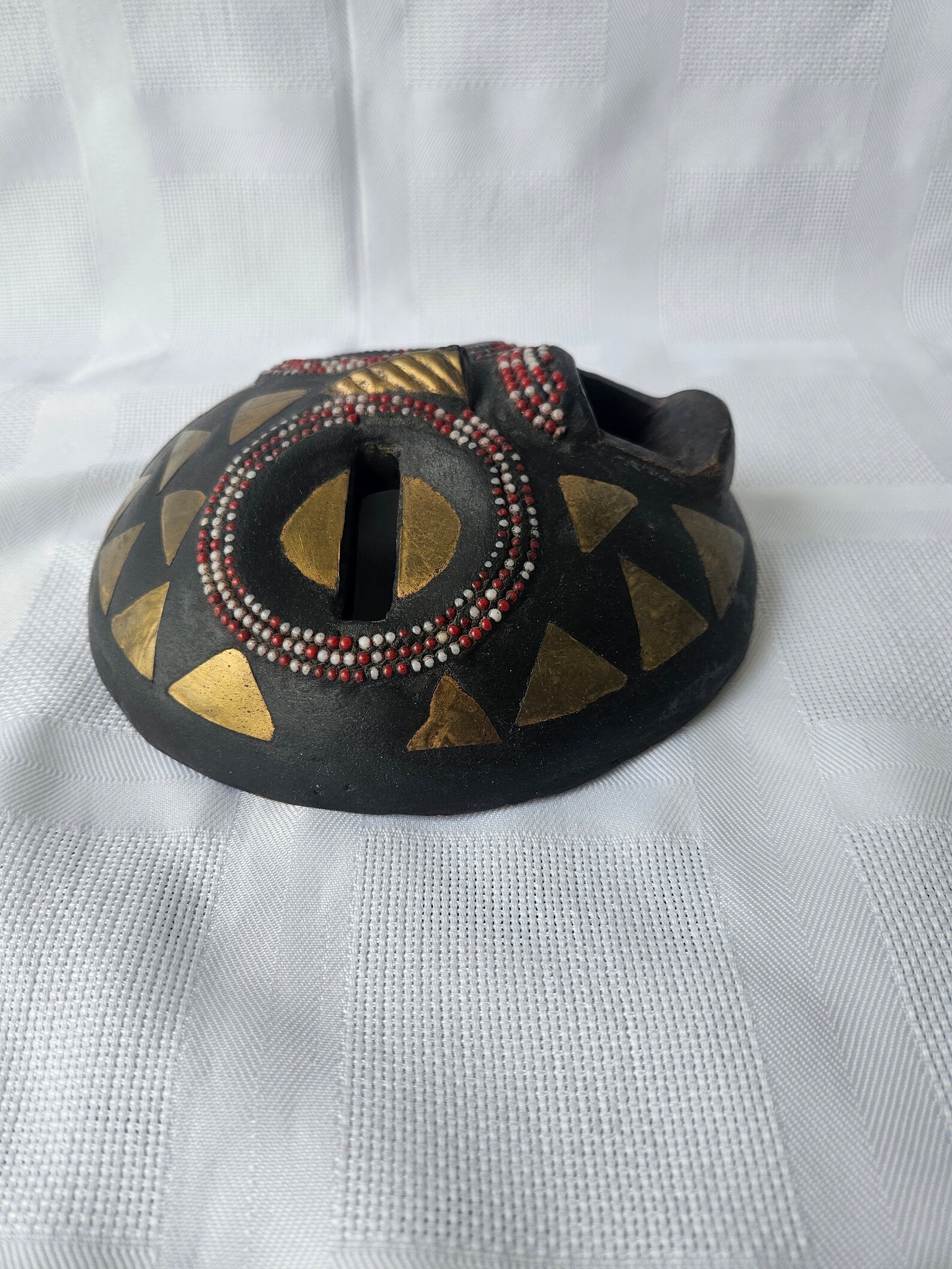 Vintage Wood African Mask Hand Carved Wood Mask Beaded Round Wood ...