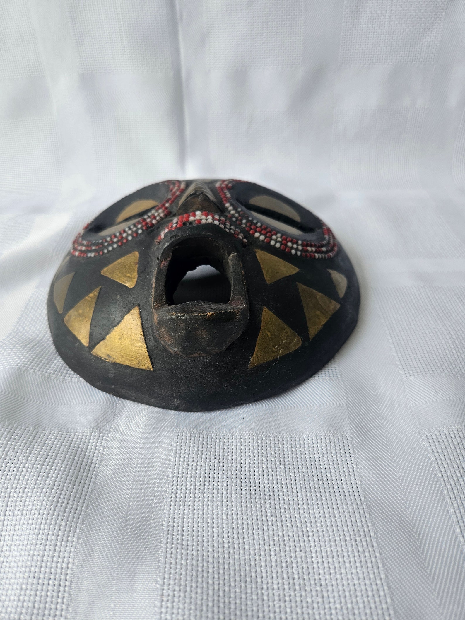 Vintage Wood African Mask Hand Carved Wood Mask Beaded Round Wood ...