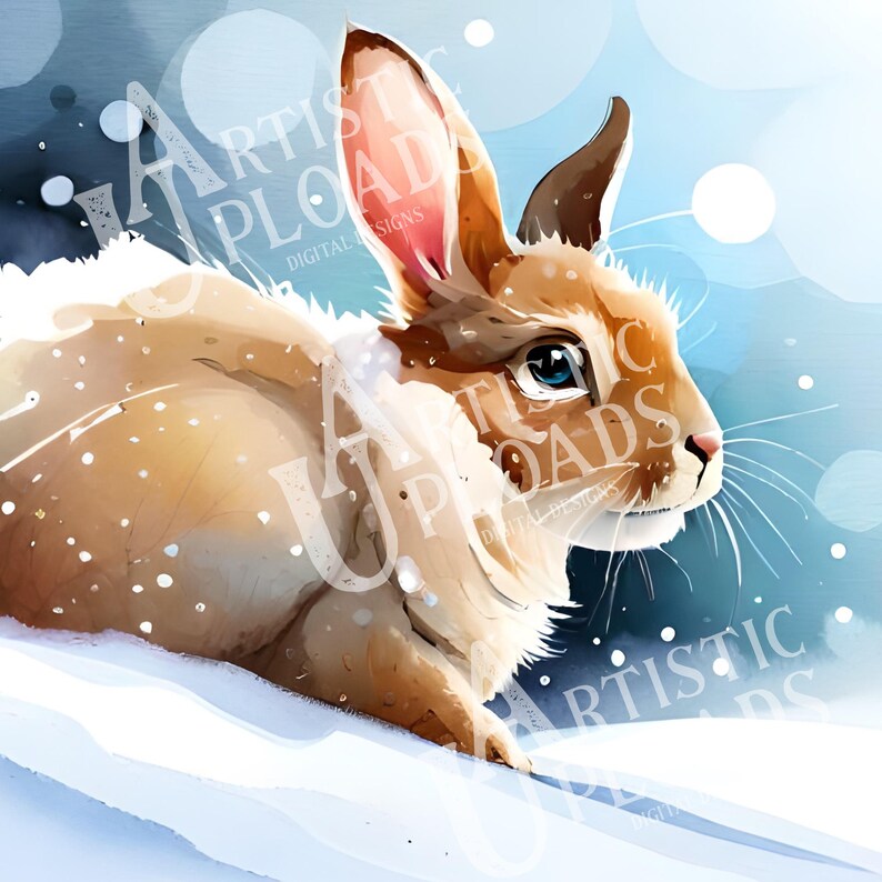 Rabbit Clipart Cute Bunnies in Snow Watercolor Wall Art Instant Digital ...