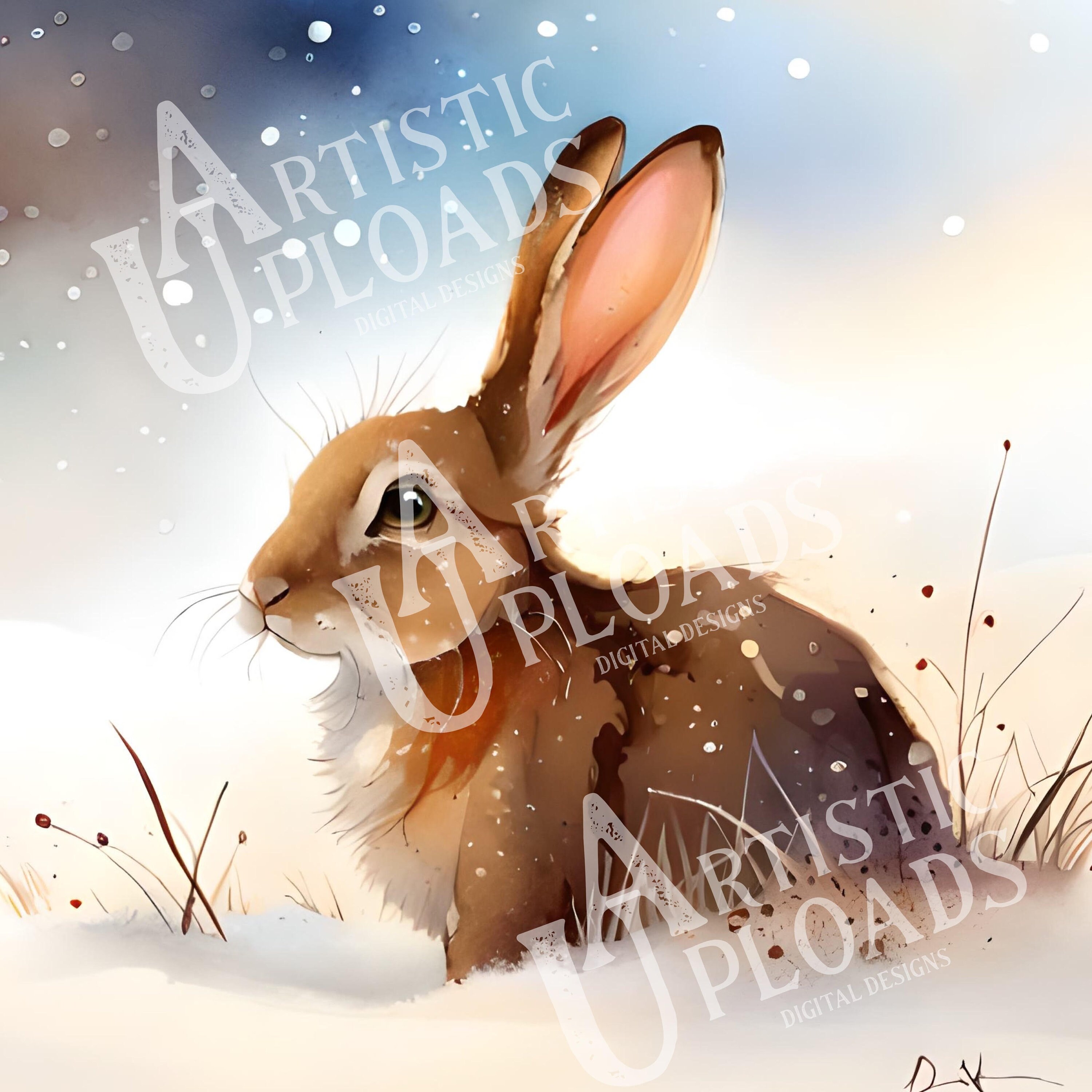 Rabbit Clipart Cute Bunnies in Snow Watercolor Wall Art Instant Digital ...