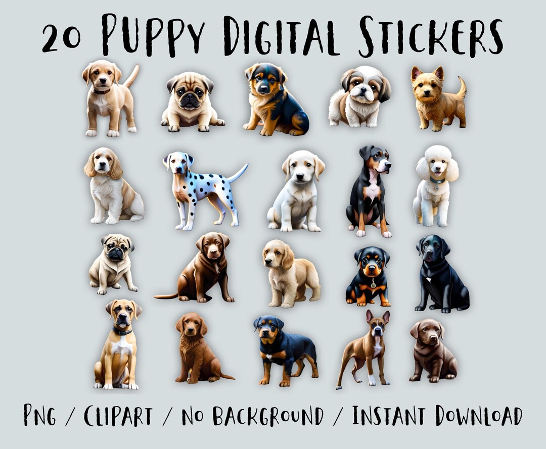 Cute Puppy Stickers , Puppy Digital Clipart ,dog Sticker Pack , 20 PNG ...