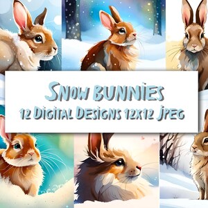 Rabbit Clipart Cute Bunnies in Snow Watercolor Wall Art Instant Digital ...