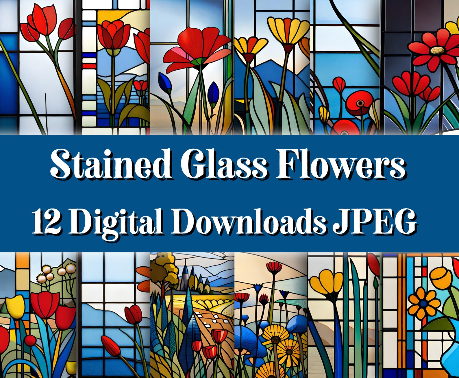 Stained Glass Flowers Digital Paper 12x12 Inch ,12 Digital Download ...