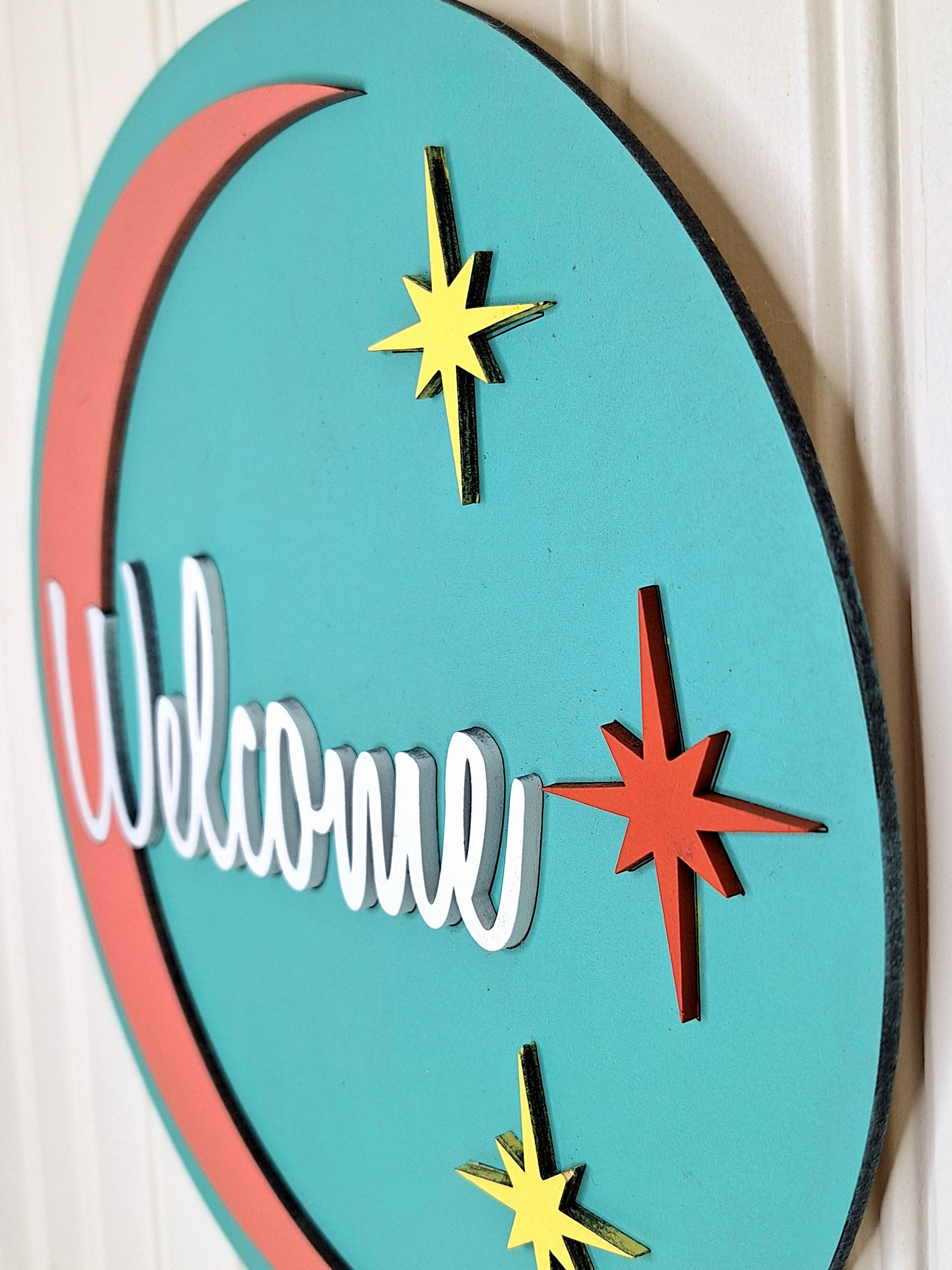 Round Mid-century Modern Welcome Sign Retro Moon Mid Century - Etsy
