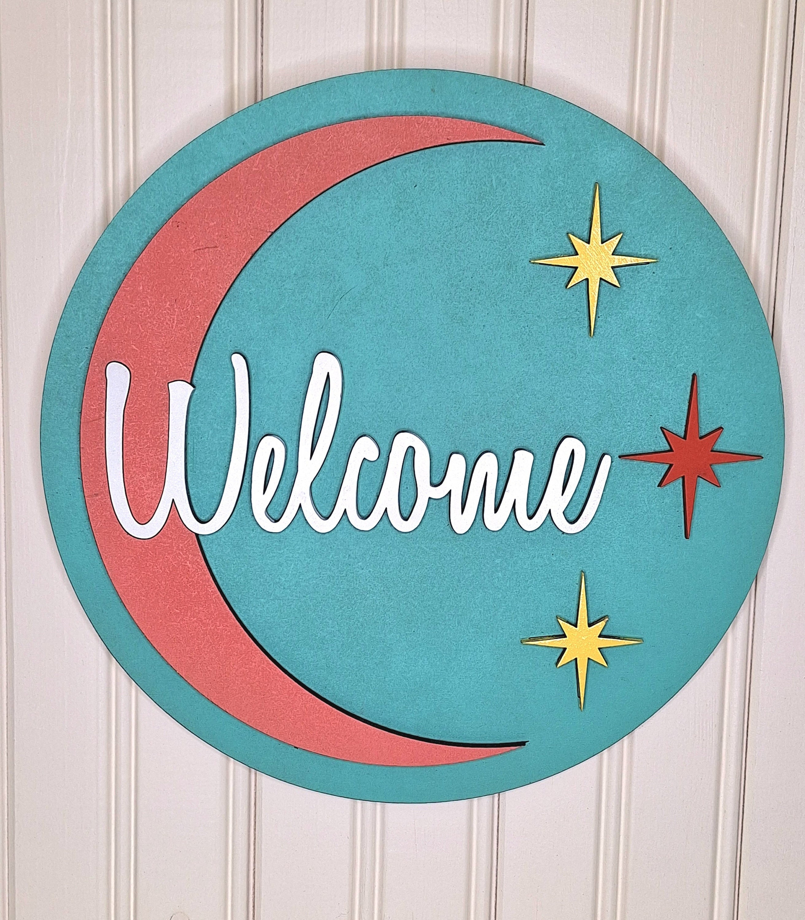 Round Mid-century Modern Welcome Sign Retro Moon Mid Century - Etsy