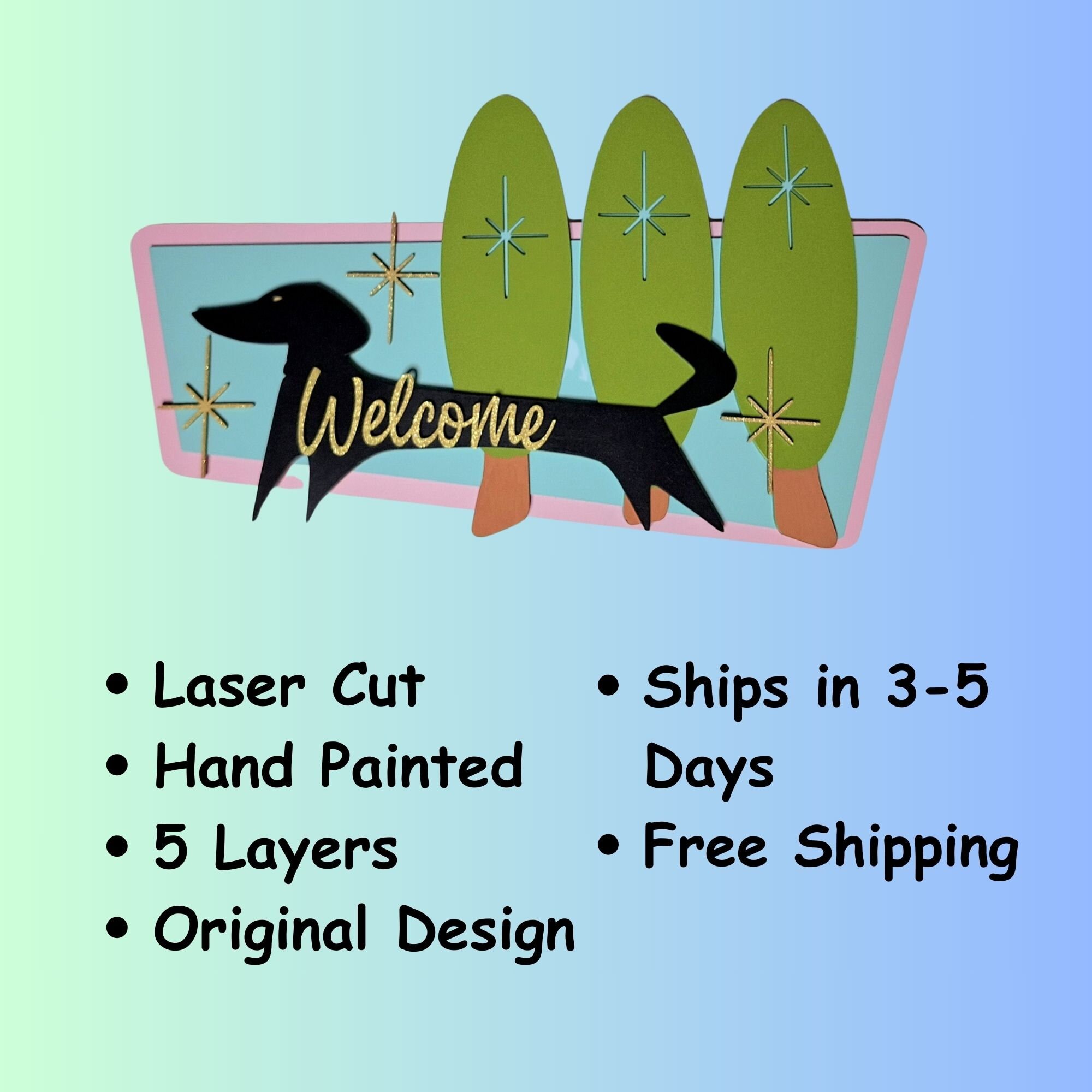 Mid-century Modern Welcome Sign Atomic Dog Dachshund Retro Trees Mid ...