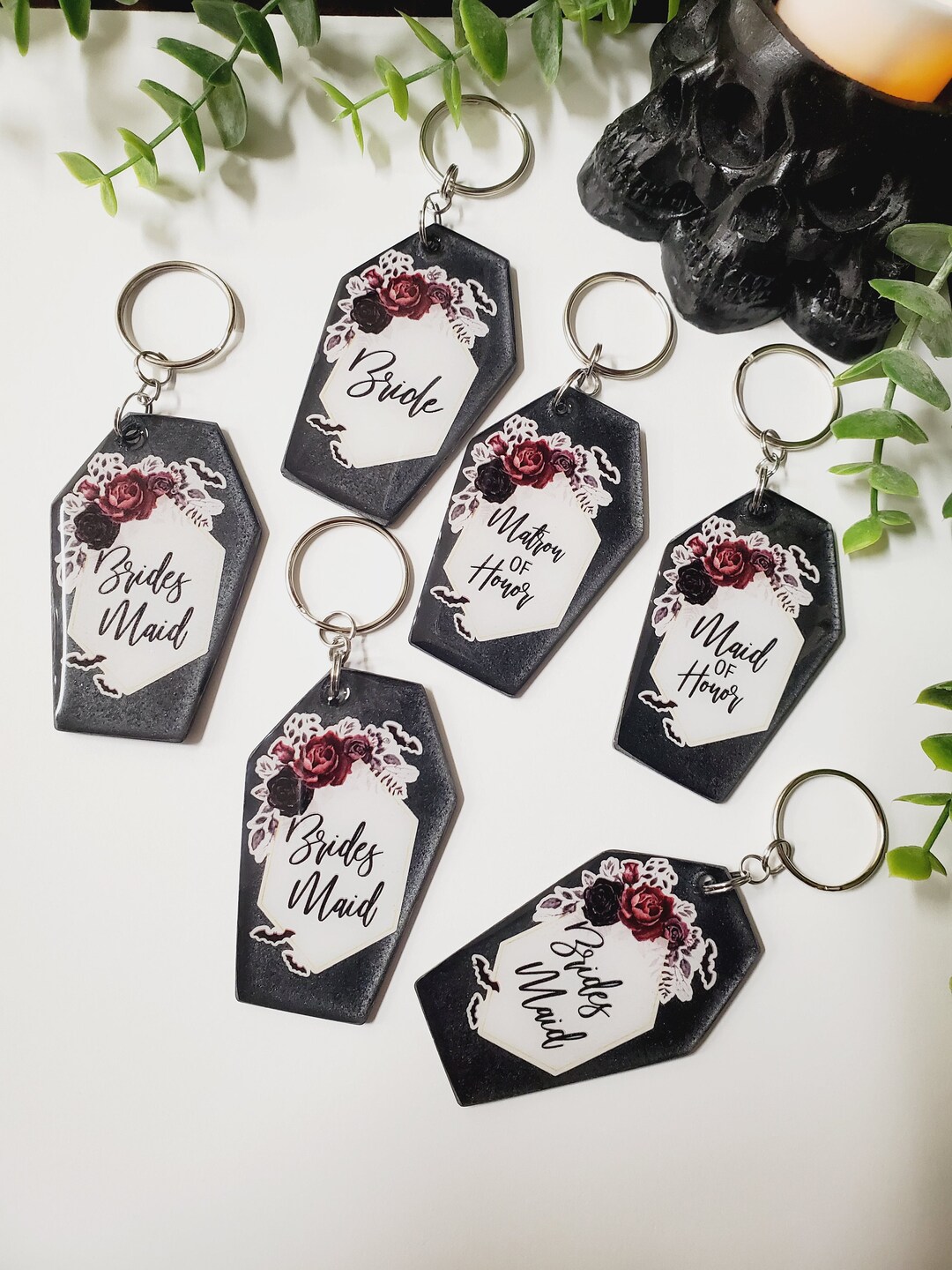 Goth Bridesmaid Coffin Keychain, Floral/bat/black/burgundy, Goth Occult ...