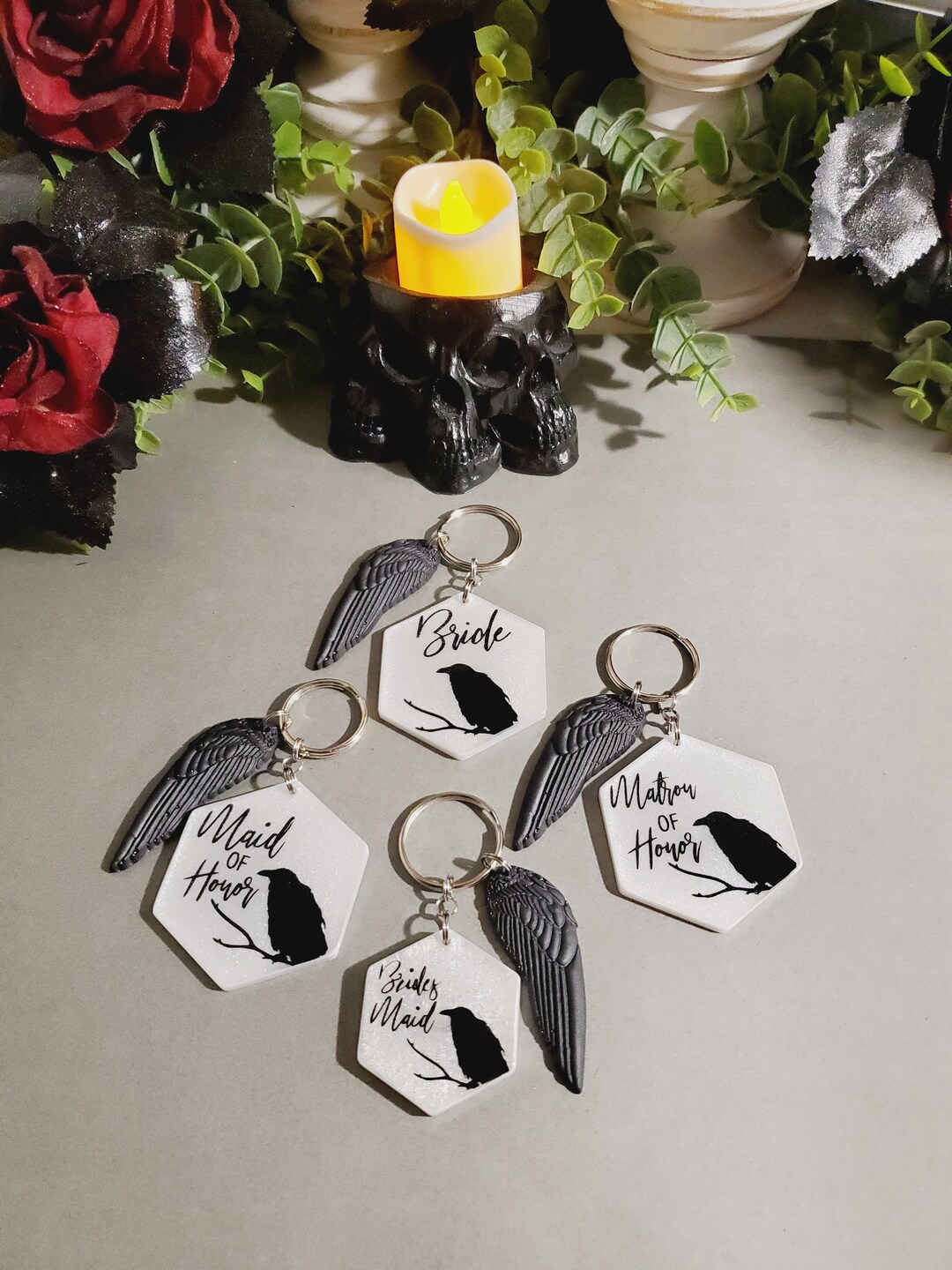 Goth Bridesmaid Raven Keychain, Raven on Branch, White/black, Goth ...