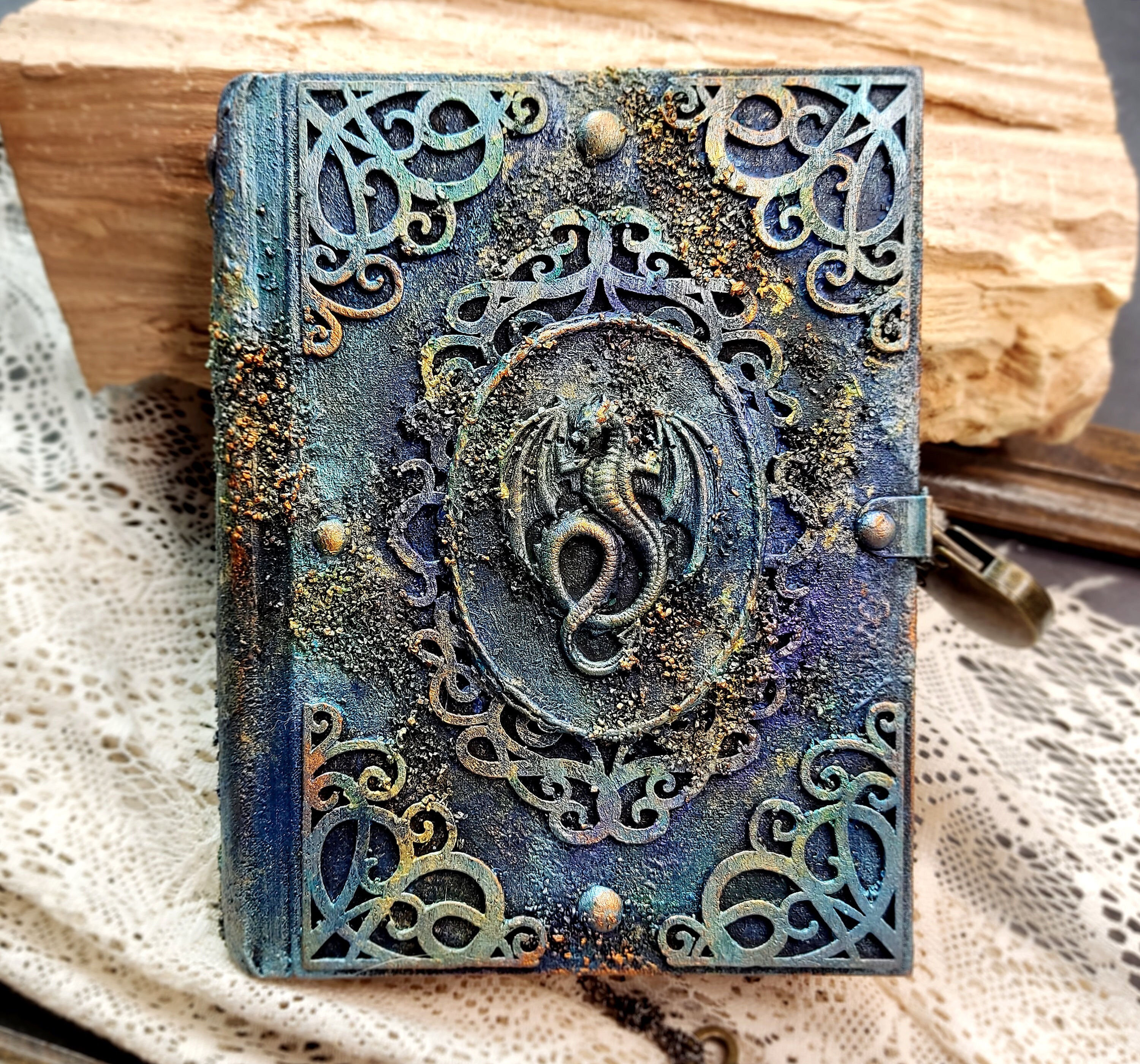 Grimoire Journal With Dragon Lock and Key, Witchy Junk Journal With ...