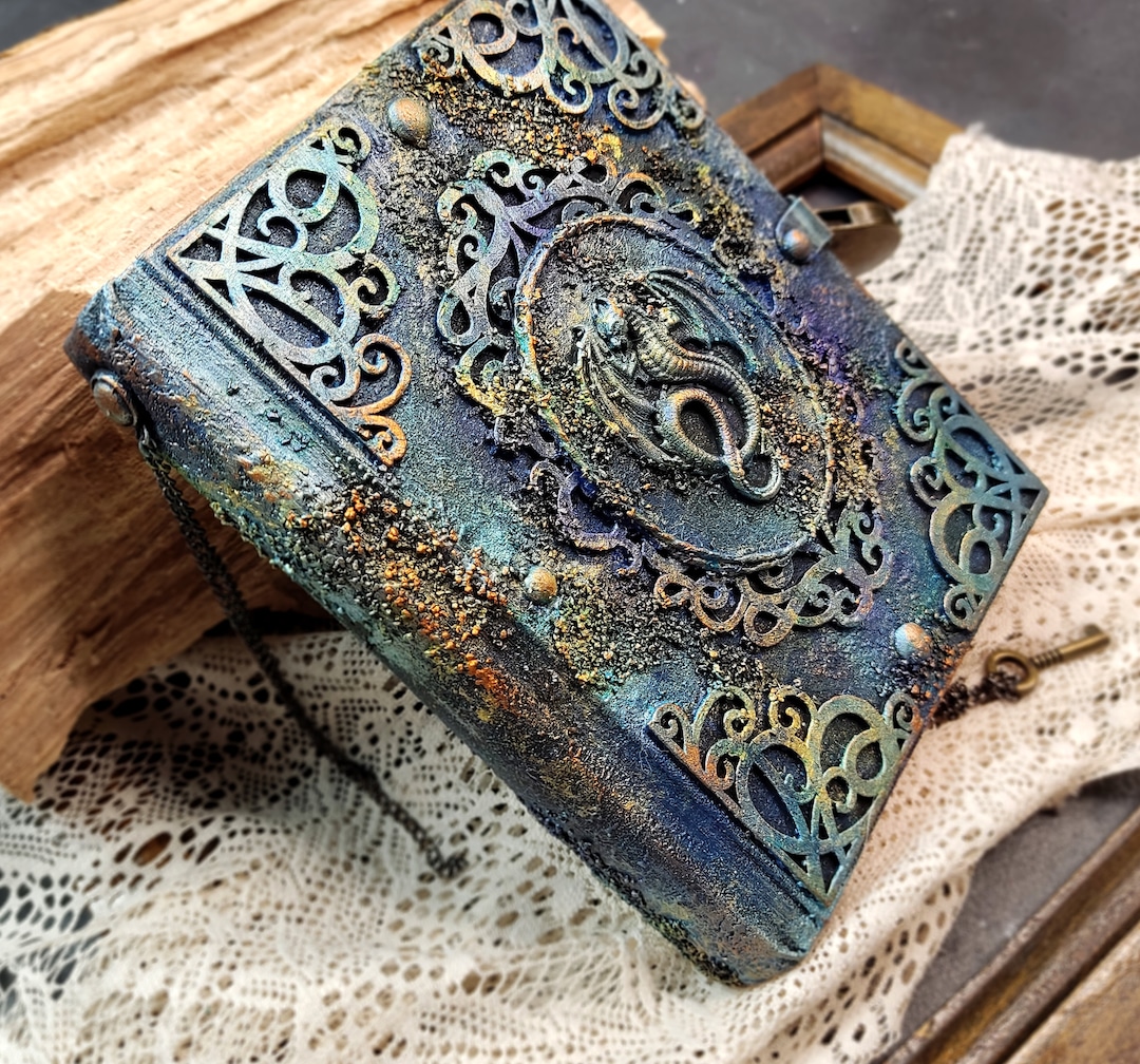 Grimoire Journal With Dragon Lock and Key, Witchy Junk Journal With ...