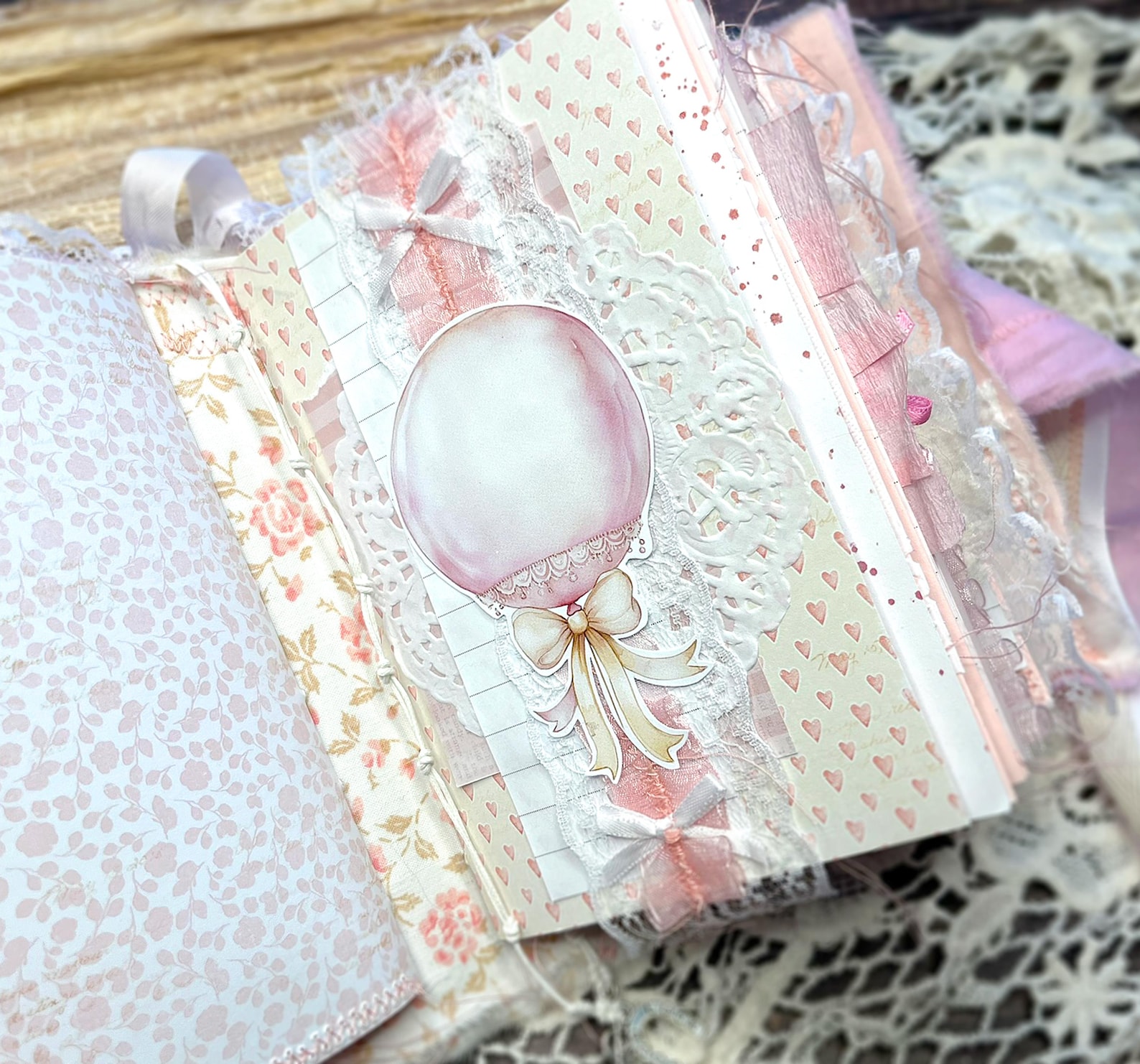 Bows Pink Floral Junk Journal Handmade Book Kit, Cute Shabby Chic Guest ...