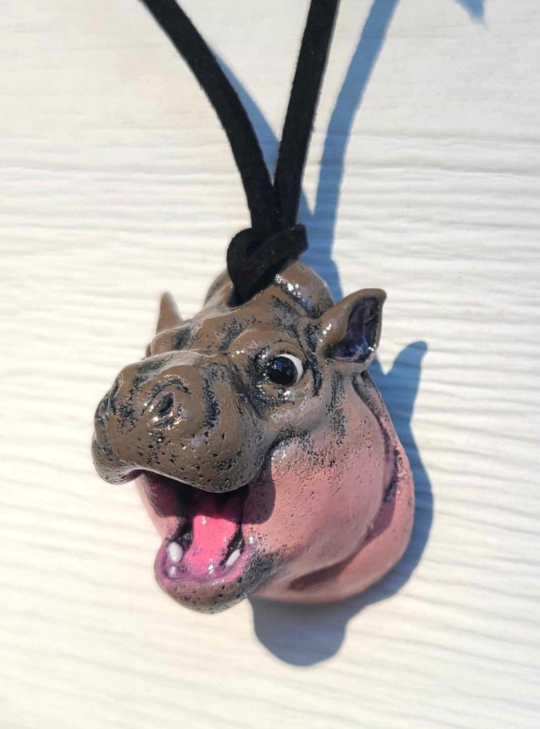 Moo Deng Inspired Pygmy Hippo Head Necklace - Hand Painted Resin Animal ...