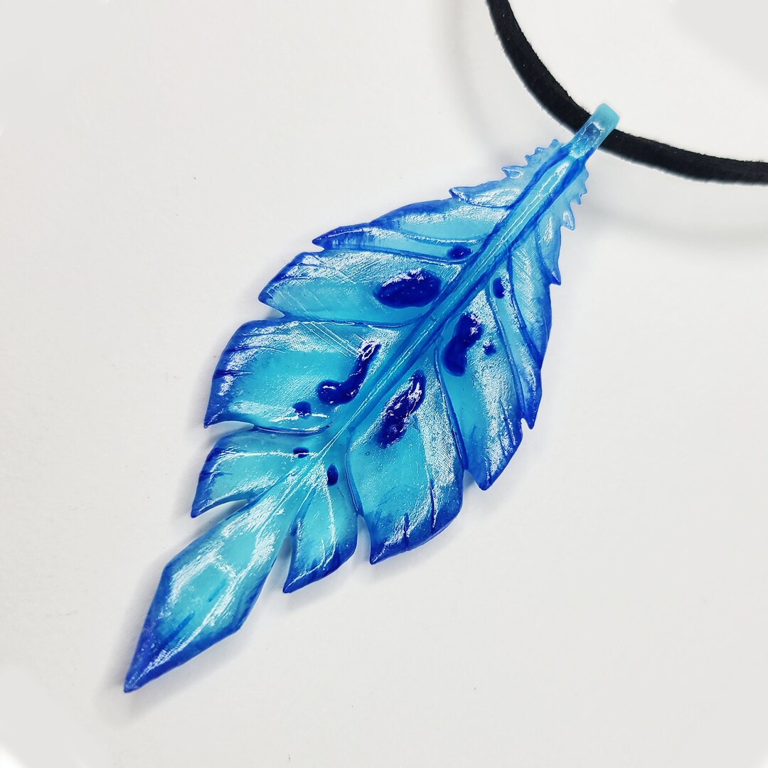 Aqua Avali Tail Feather Necklace - Water Elemental Space Birb - Hand ...