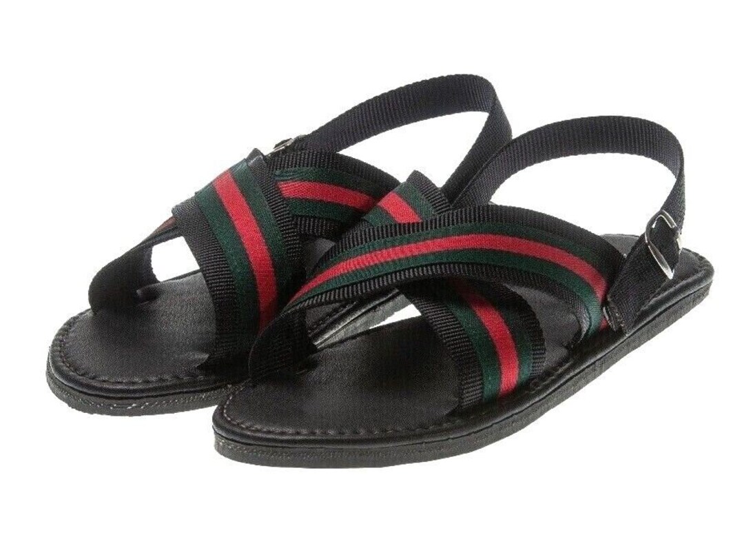 Men's Guys Flat Rubber and Leather Slides Web Sandal Stripe Sandals ...
