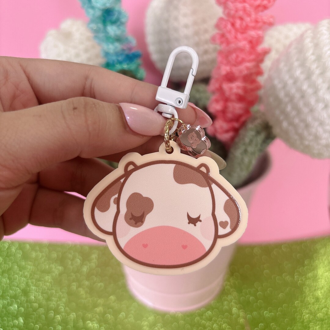Cocoa the Cow Keychain • Stainless Steel Handmade Acrylic Cute Pastel ...