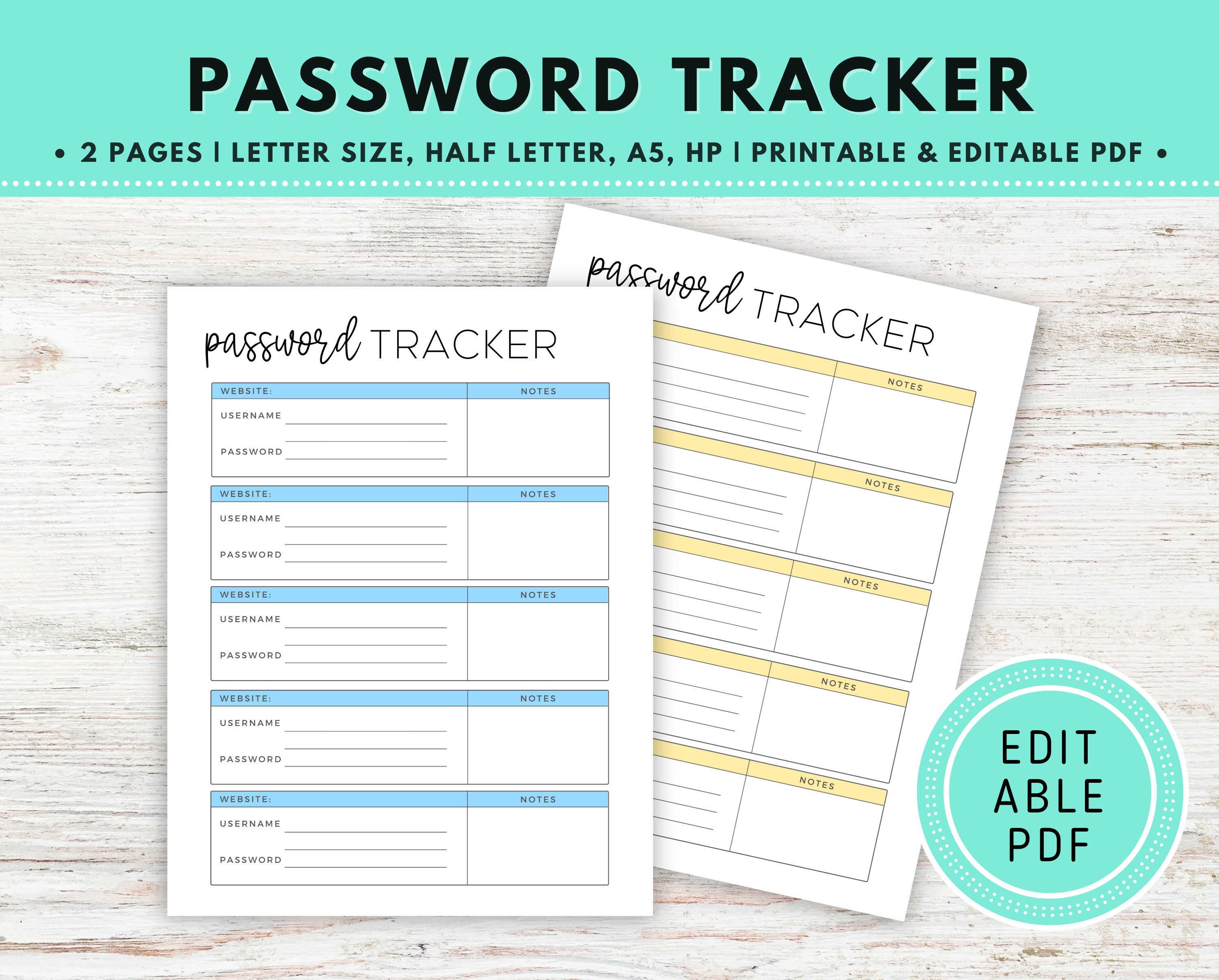 Calendars & Planners Password Keeper Editable Fillable Password Tracker ...