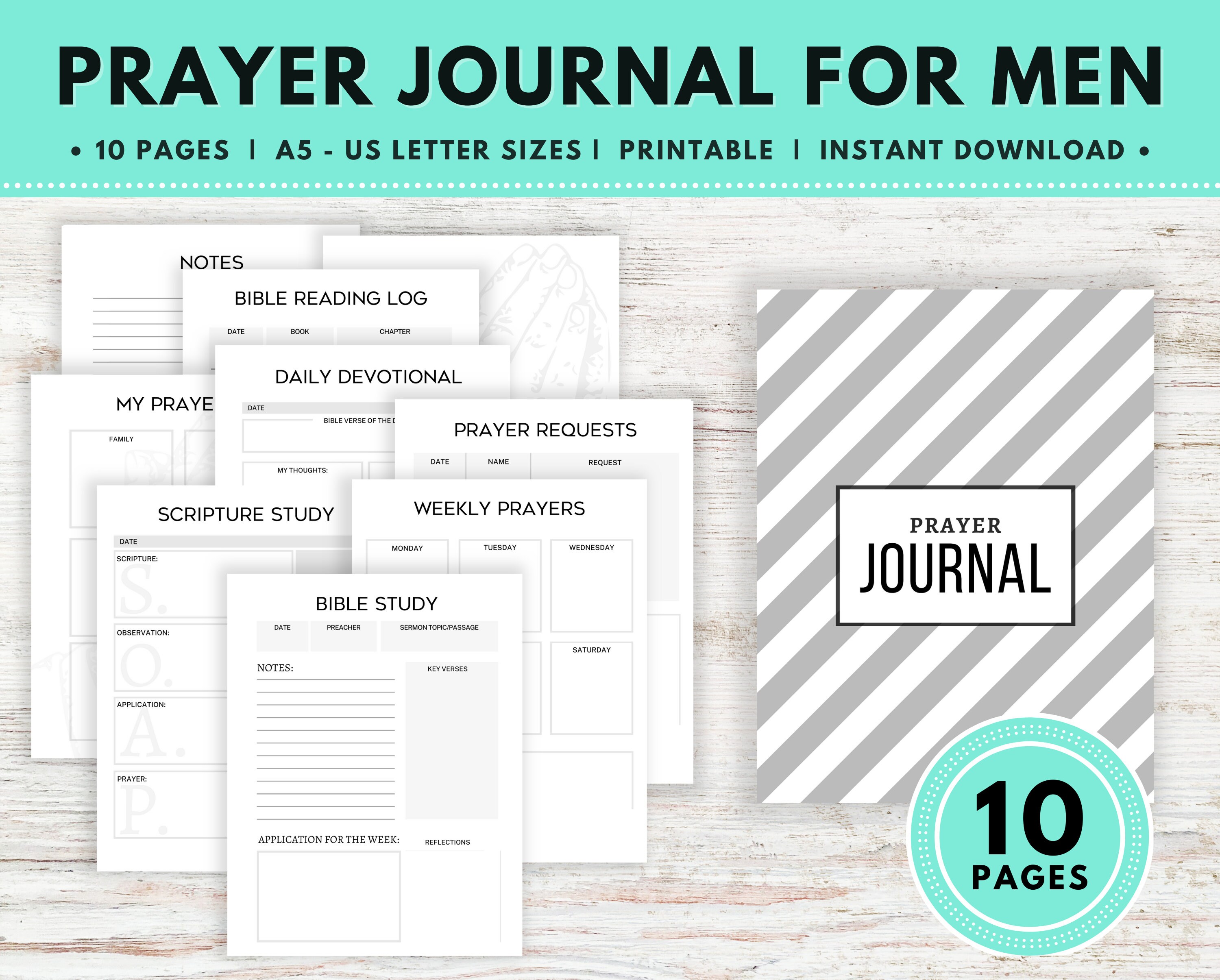 Printable Prayer Journal for Men, Bible Study, Bible Journaling, Daily ...
