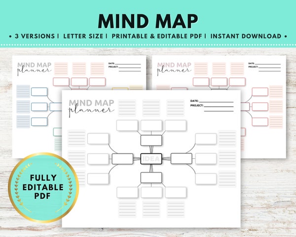 Mind Map Printable and Editable PDF, Idea Board, Mind Map Template ...