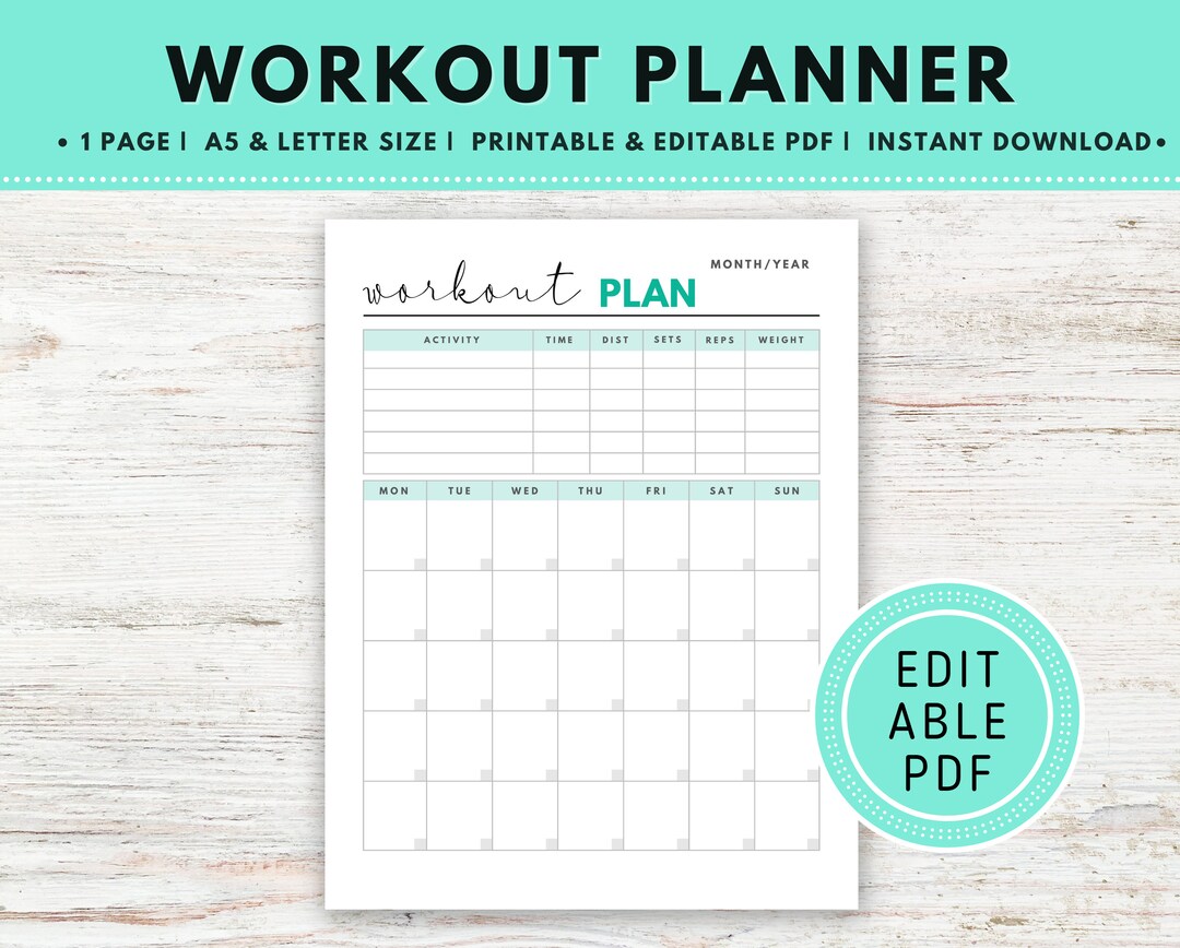 Workout Fitness Planner Printable and Editable PDF, Fillable Exercise ...