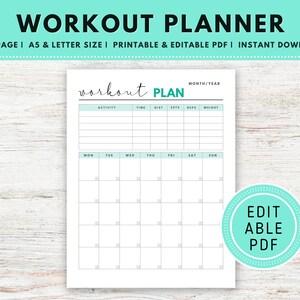 Workout Fitness Planner Printable and Editable PDF, Fillable Exercise ...