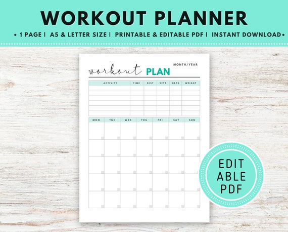 Workout Fitness Planner Printable and Editable PDF Fillable | Etsy