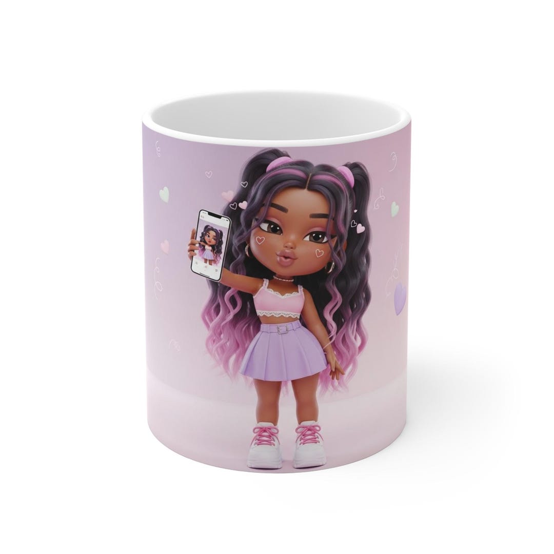 Pink Hair Doll Selfie Mug | Cute Kawaii Character, Pastel Hearts - Etsy