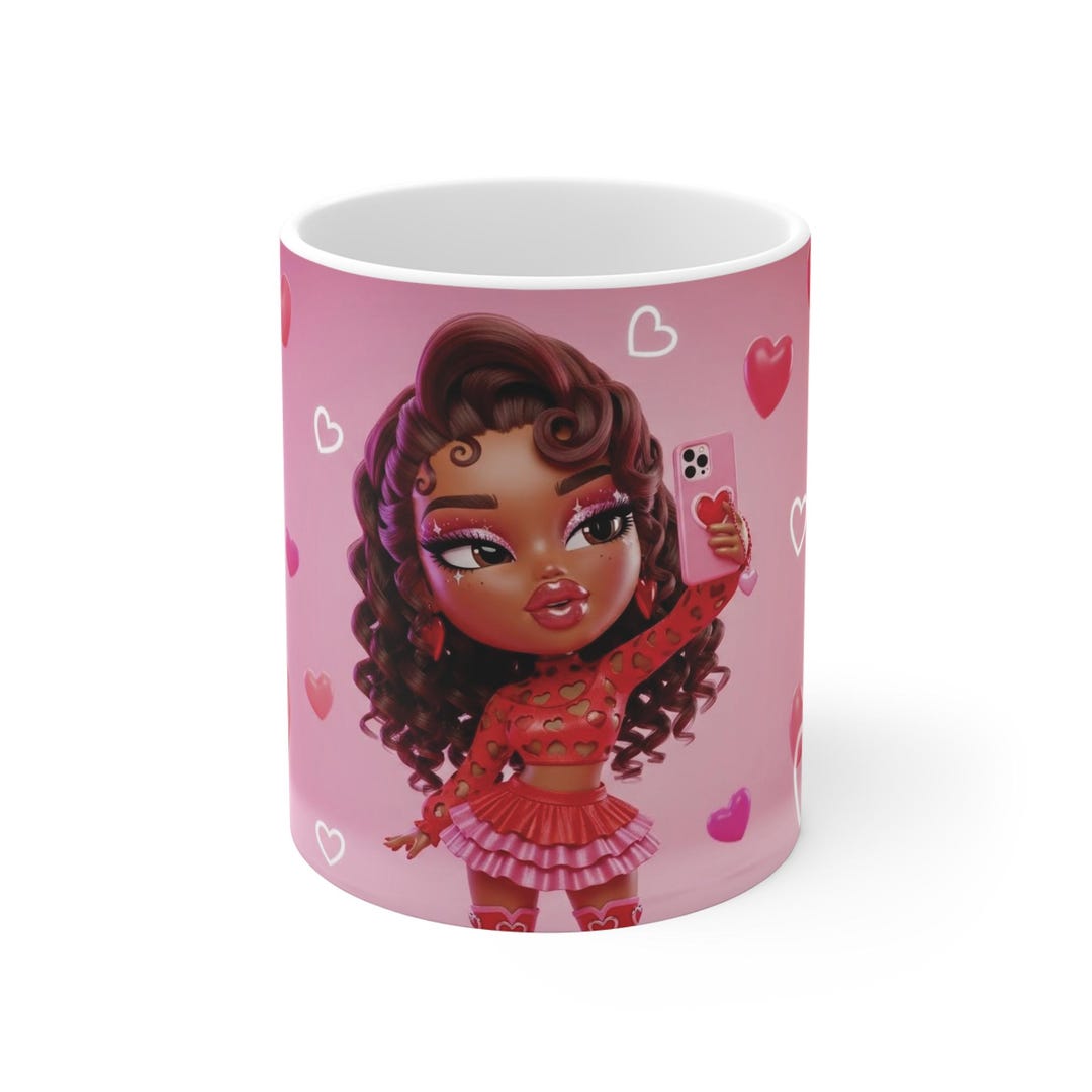 Curly-haired Girl Selfie Mug | Pink Heart Background, 11oz Ceramic - Etsy