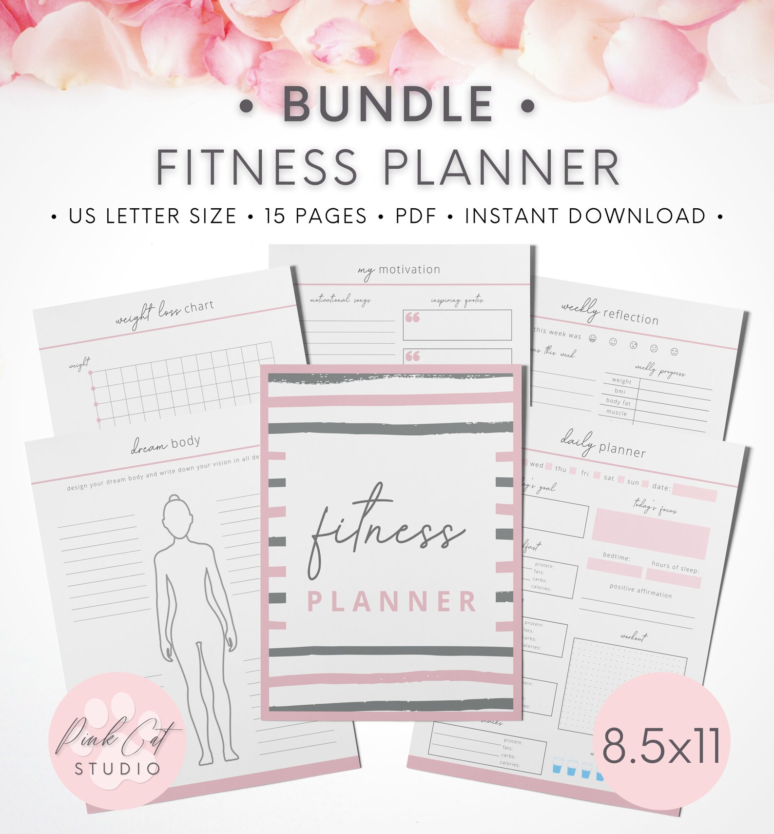 Fitness Planner & Weight Loss Journal Bundle Blush Pink Color Design ...