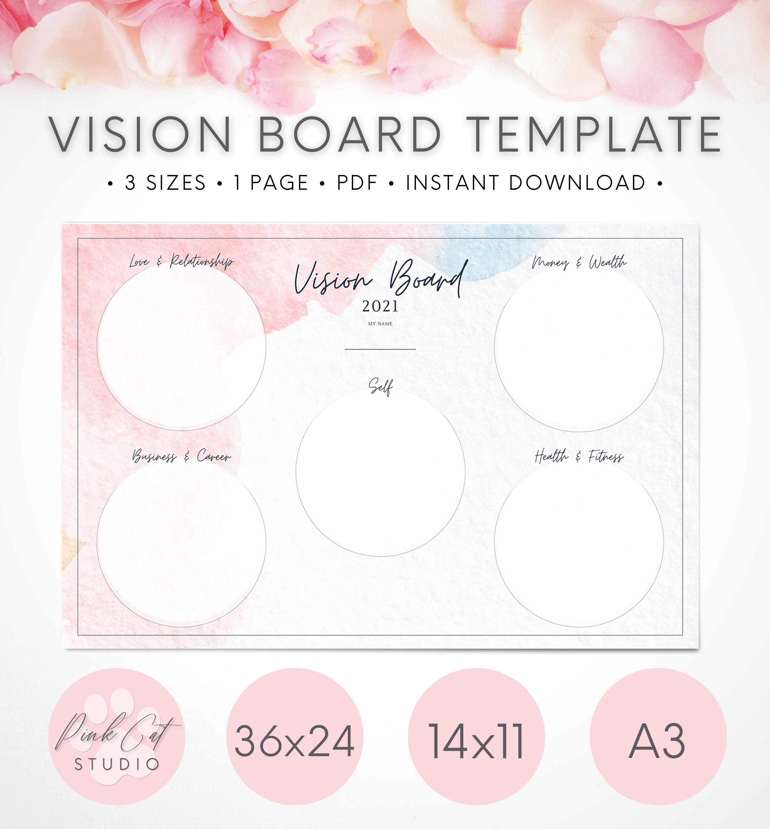 Vision Board Template • 3 Sizes • 6 Pages • Watercolor Design • Instant ...