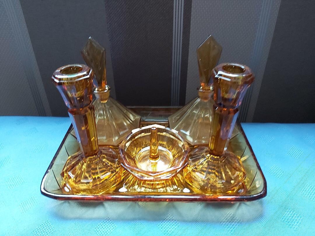 7 Pc Amber Glass Dressing Table Set - Etsy
