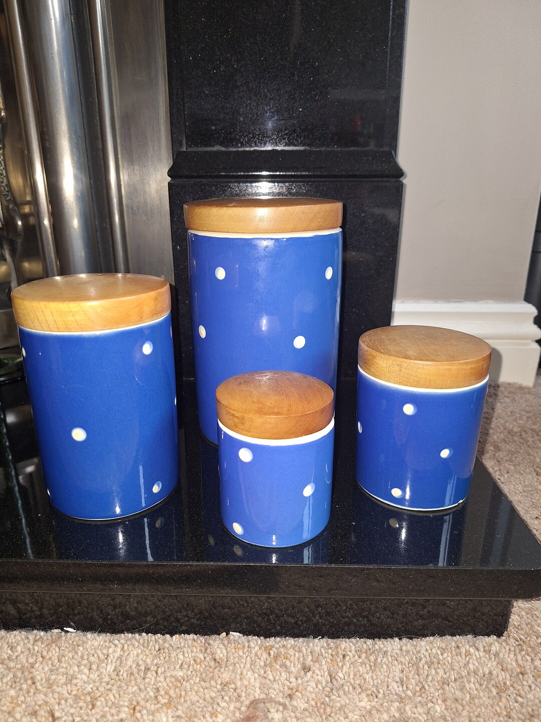 Vintage Ceramic Storage Jars X 4 + Wooden Lids, Blue White Spots ...