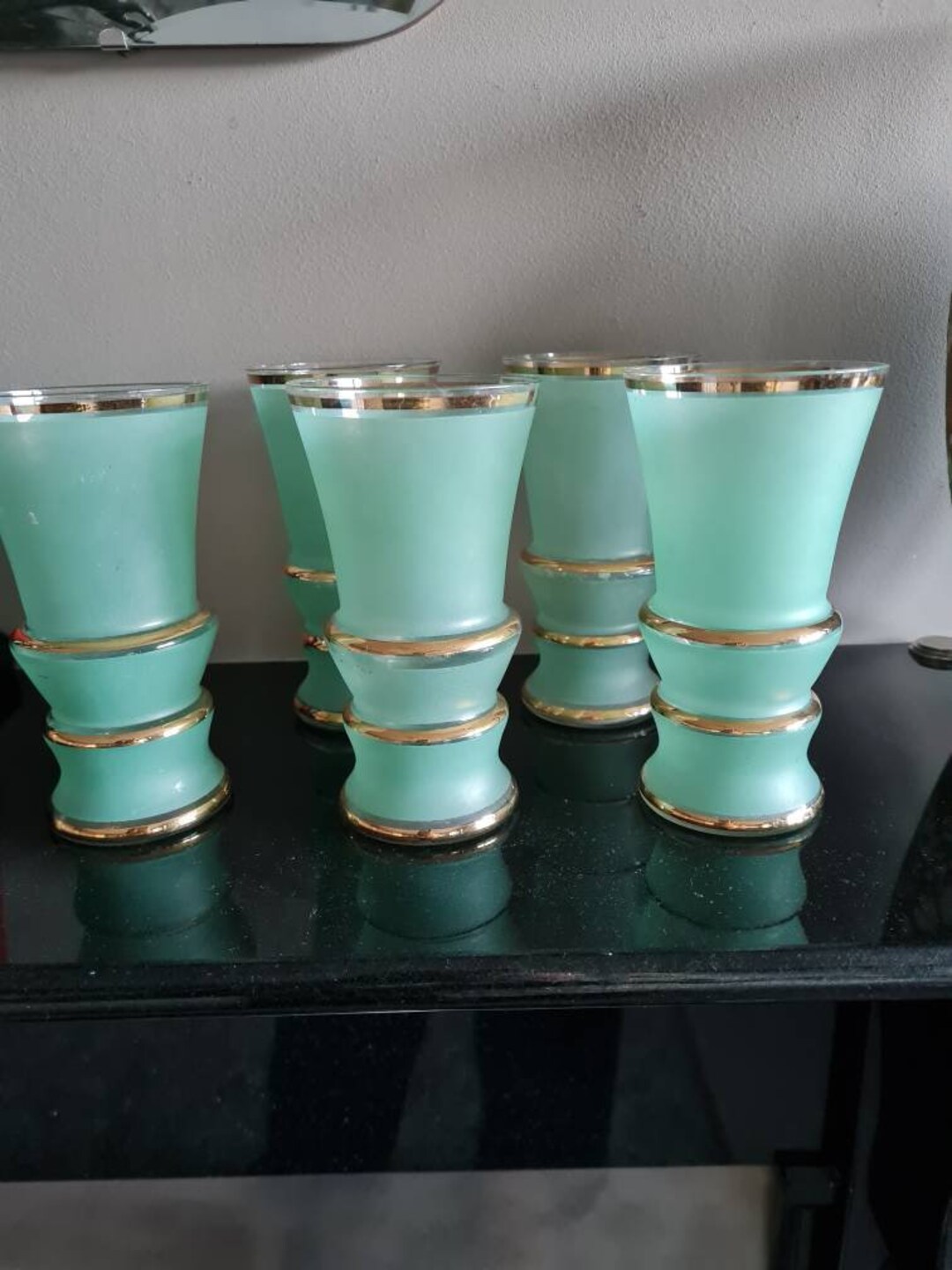 Lovely Vintage Green Frosted Glass Tall Glasses With Gold Detail Set of ...