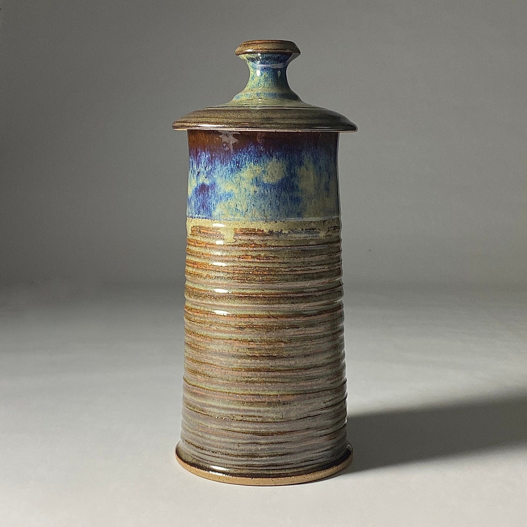 Stoneware Jar With Lid Brown and Blue Handmade Pottery Lidded Jar ...