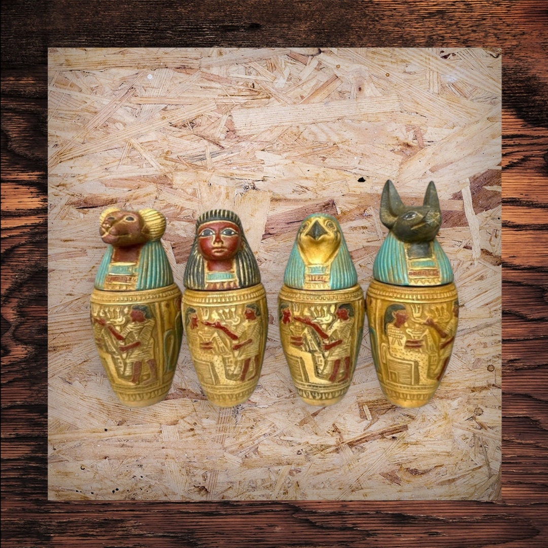 Four Ancient Egyptian Canopic Jars Statues Hieroglyph Pharaoh Jars for ...