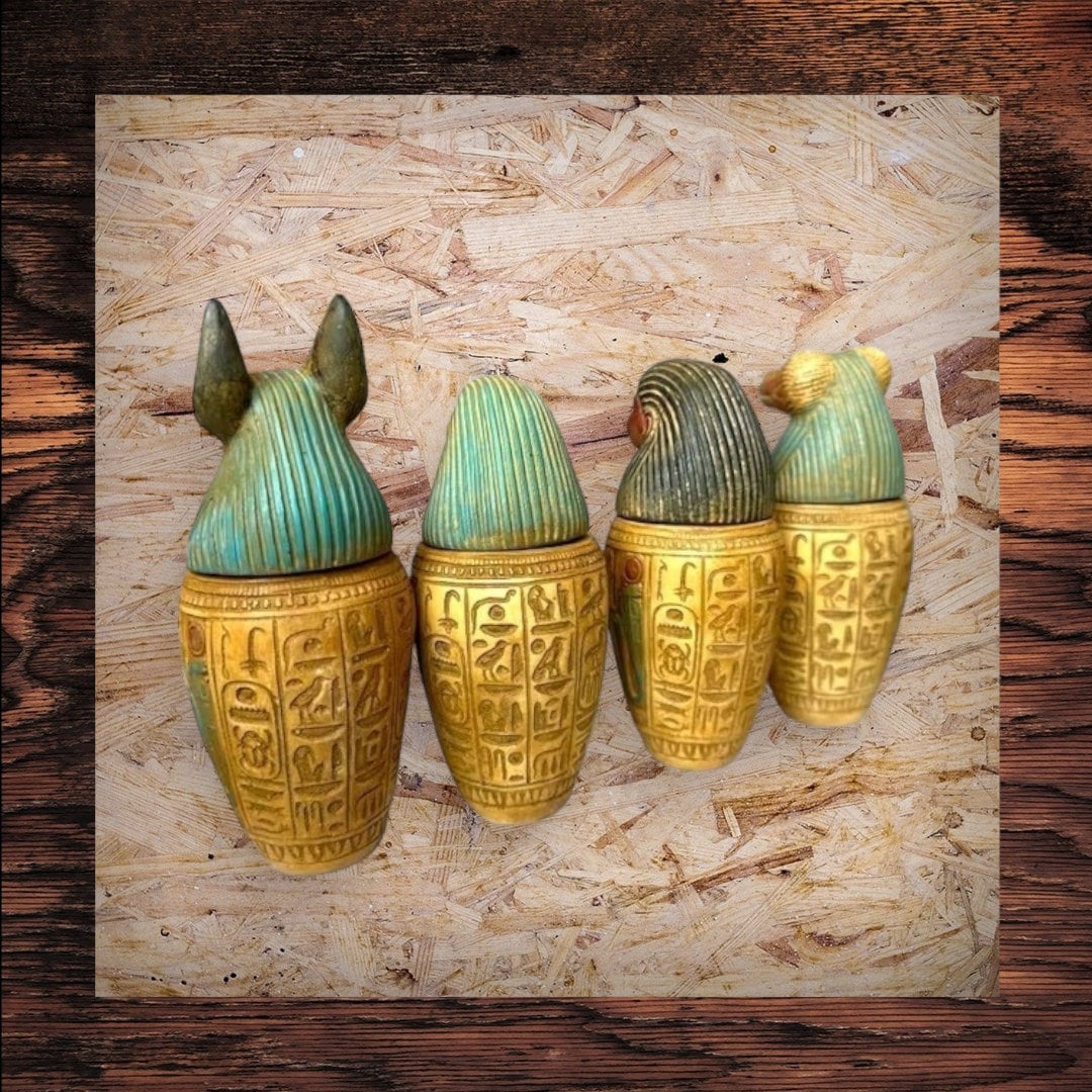 Four Ancient Egyptian Canopic Jars Statues Hieroglyph Pharaoh Jars for ...