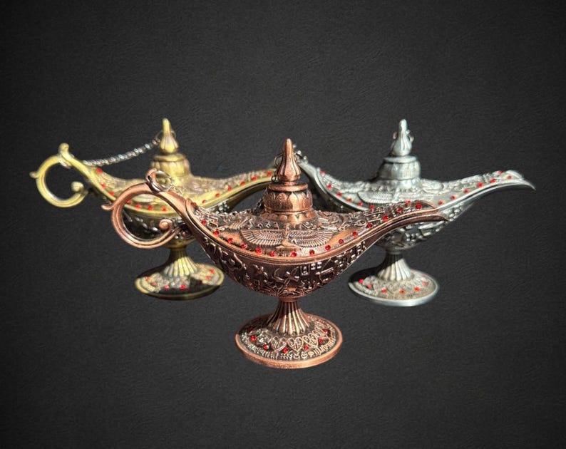 Set of Three Aladdin Lamps: Engraved Brass Genie Lamp, Egyptian Decor ...