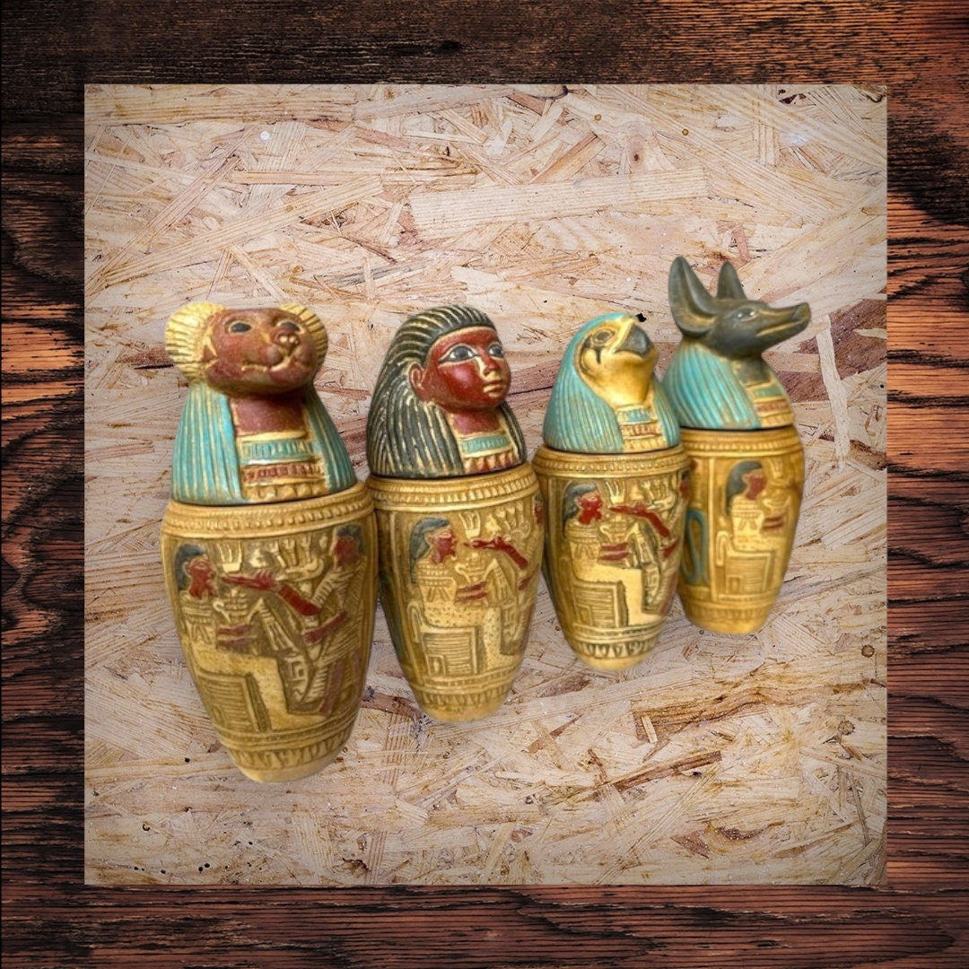 Four Ancient Egyptian Canopic Jars Statues Hieroglyph Pharaoh Jars for ...