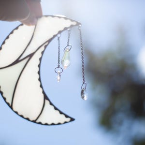 Handcrafted White Stained Glass Moon Suncatcher With Sparkling ...