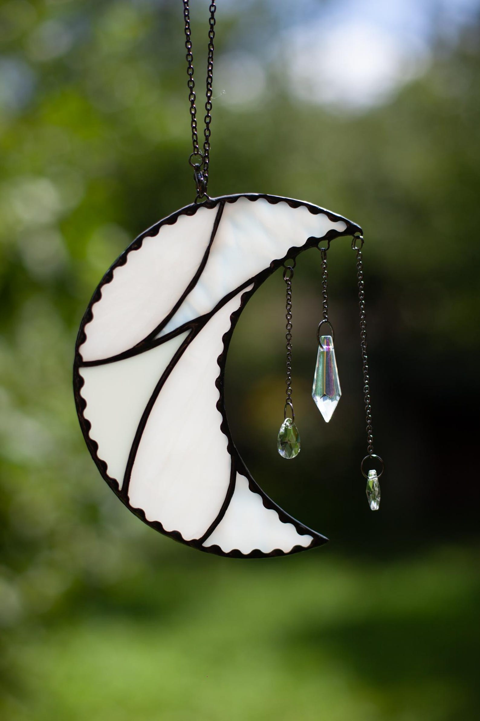Handcrafted White Stained Glass Moon Suncatcher With Sparkling ...