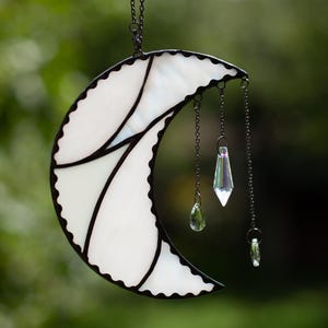 Handcrafted White Stained Glass Moon Suncatcher With Sparkling ...