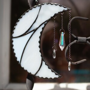 Handcrafted White Stained Glass Moon Suncatcher With Sparkling ...