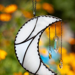 Handcrafted White Stained Glass Moon Suncatcher With Sparkling ...