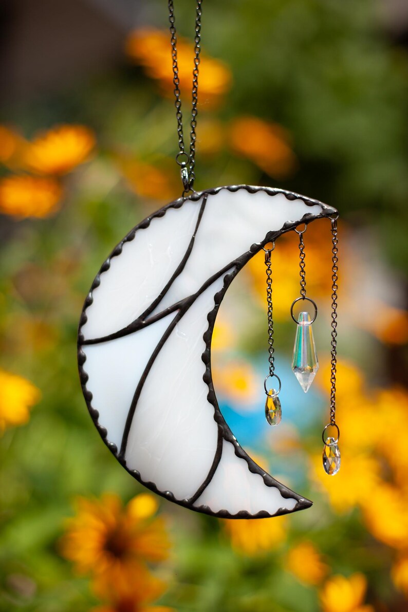 Handcrafted White Stained Glass Moon Suncatcher With Sparkling ...
