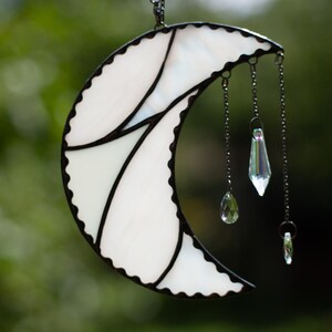 Handcrafted White Stained Glass Moon Suncatcher With Sparkling ...