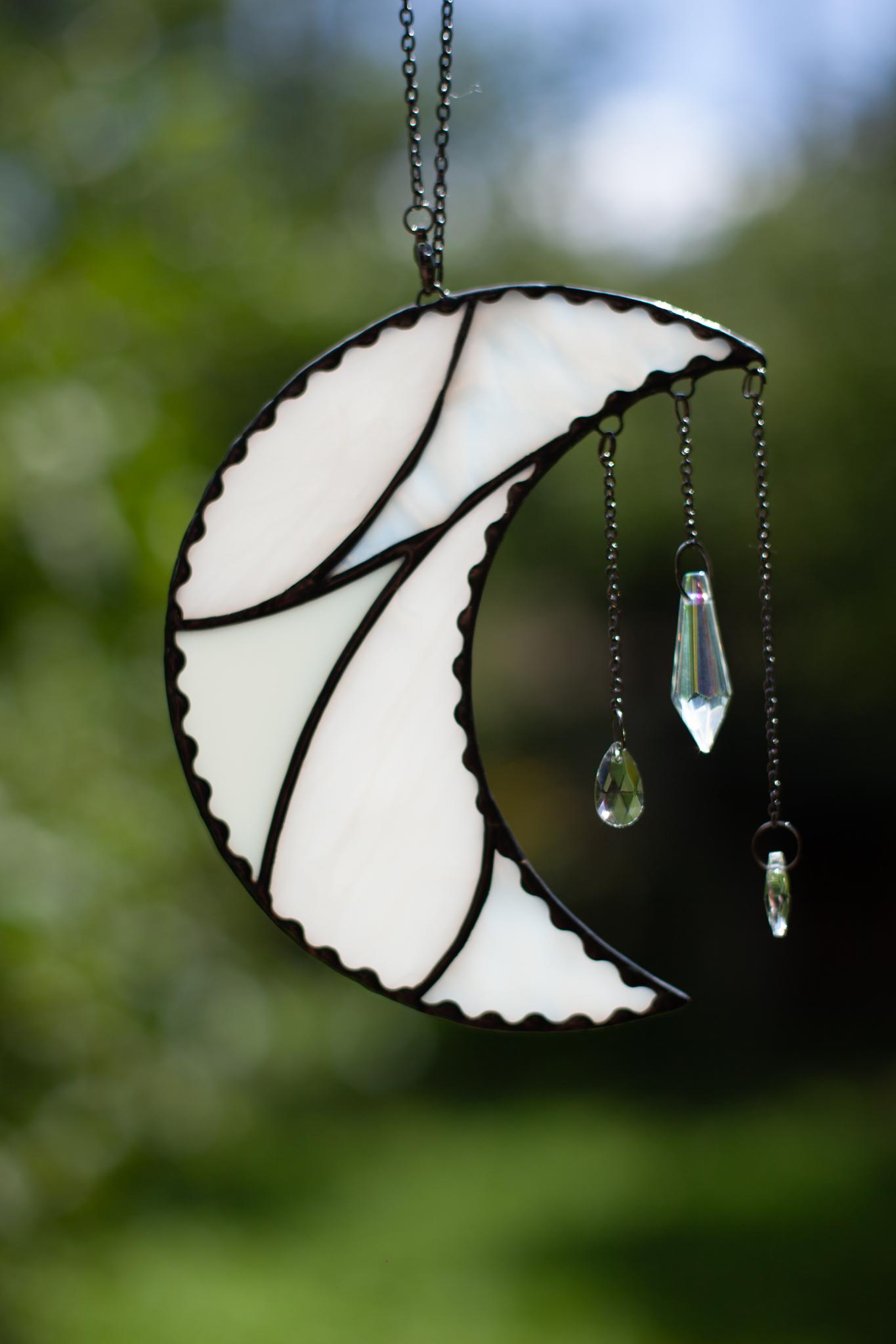 Handcrafted White Stained Glass Moon Suncatcher With Sparkling ...